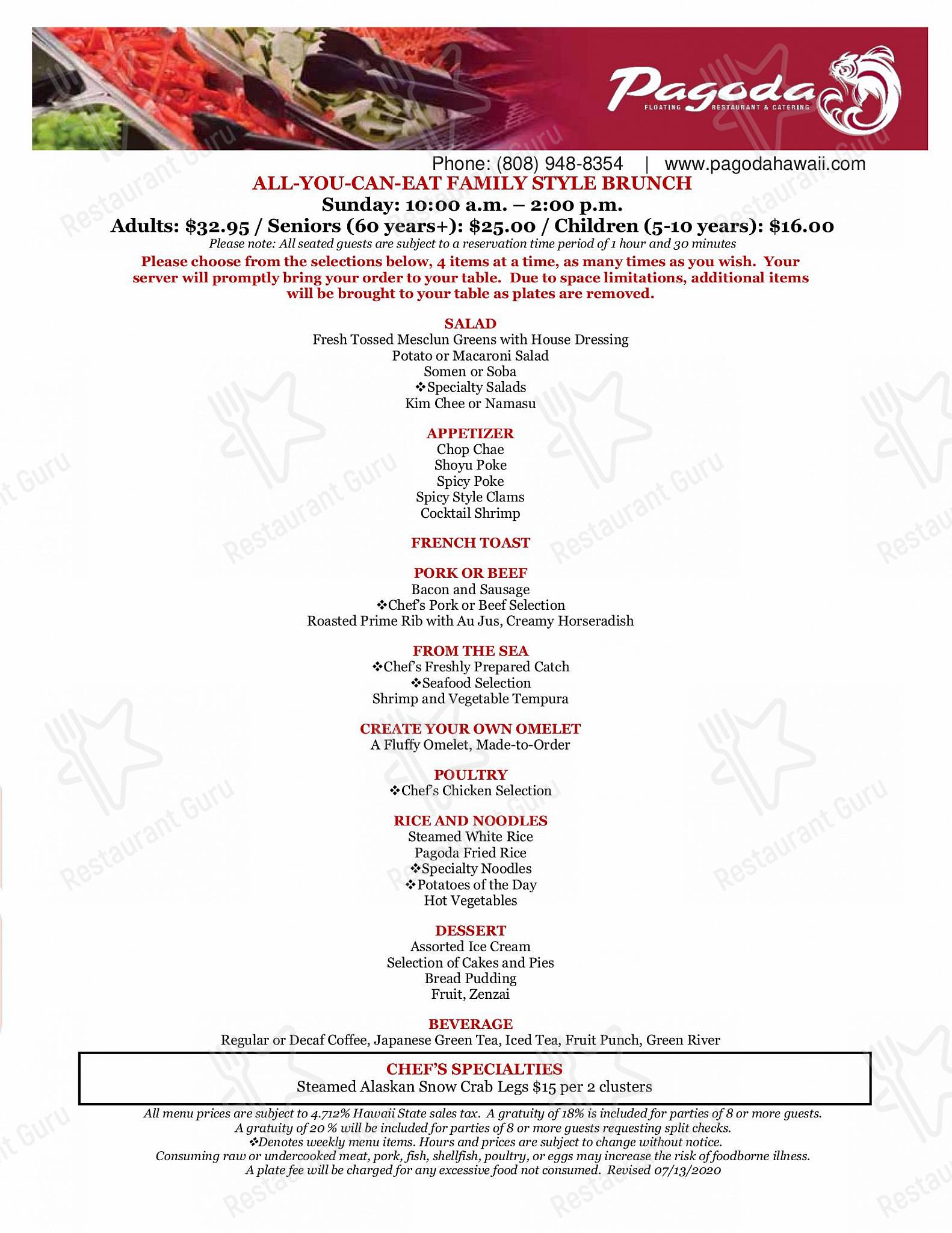 Menu at Pagoda Restaurant & Catering, Honolulu
