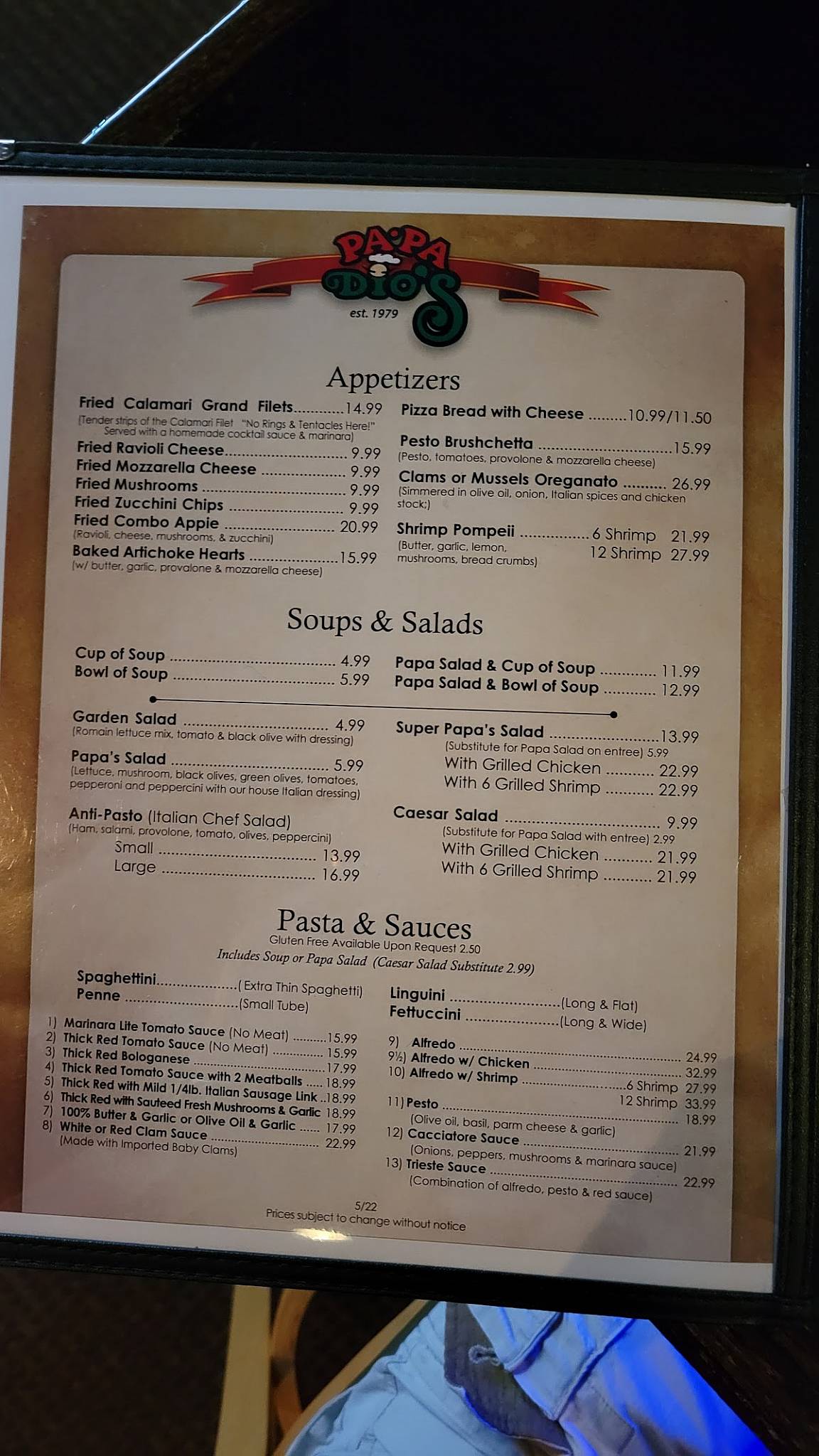 Menu at Papa Dio's Italian Restaurant & Wine Bar, Oklahoma City