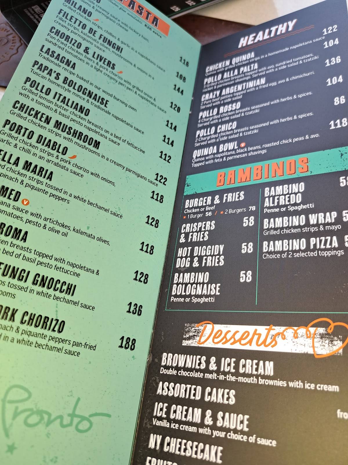 Menu at Papa Pronto - Witkoppen restaurant, Randburg, 285 Church Street ...