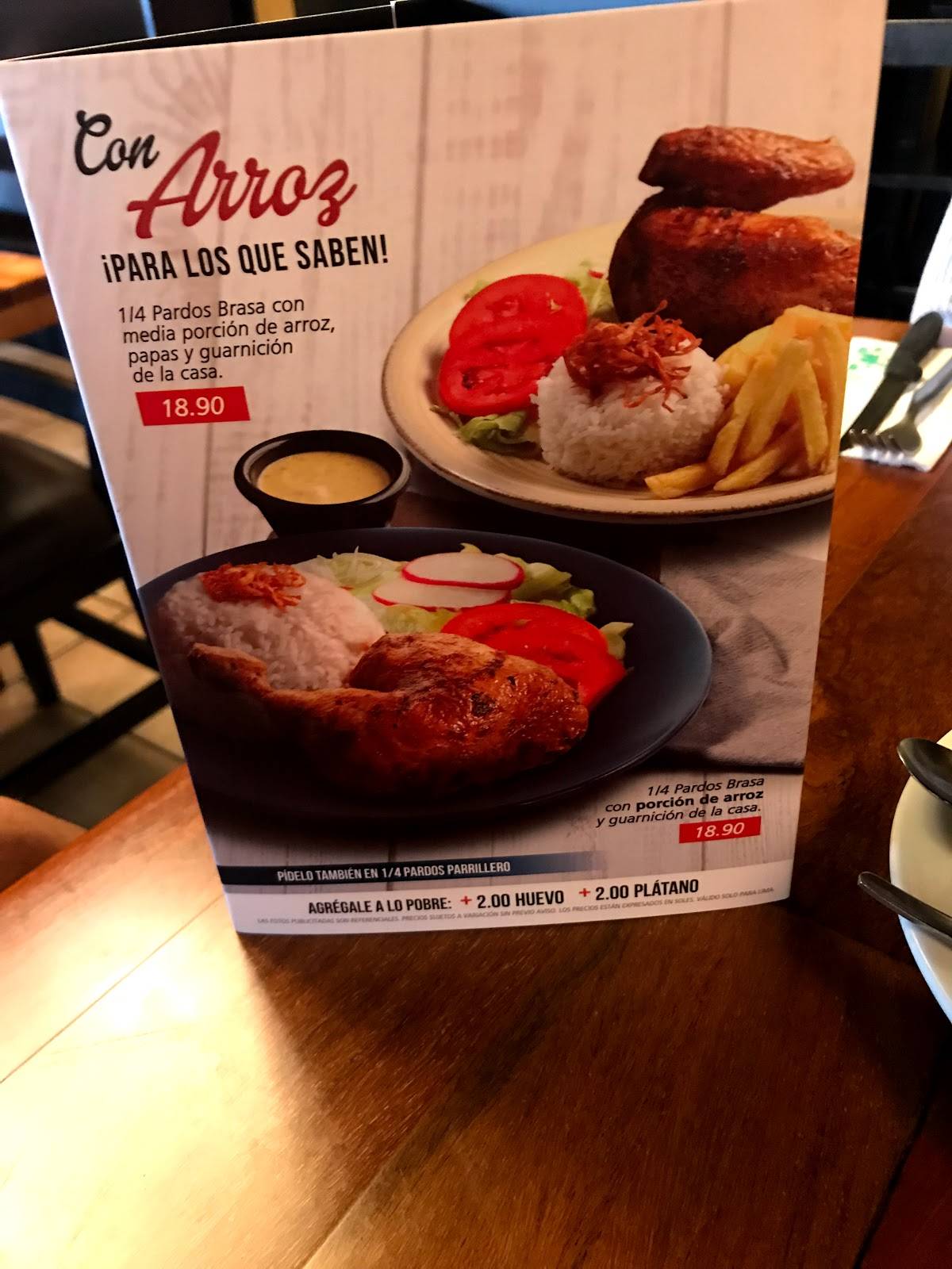 Carta del restaurante Pardos Chicken, Lima, Av San Luis 2303