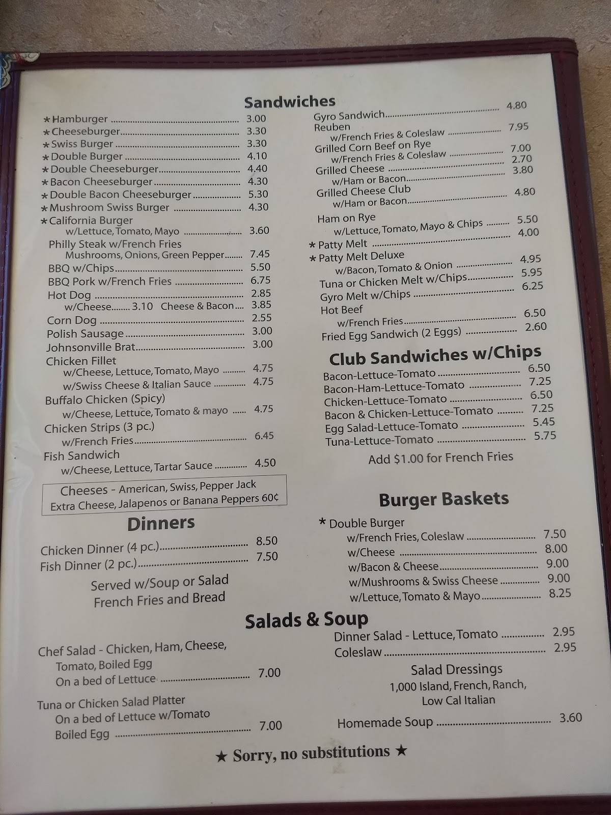 Menu at Park Inn restaurant, Racine