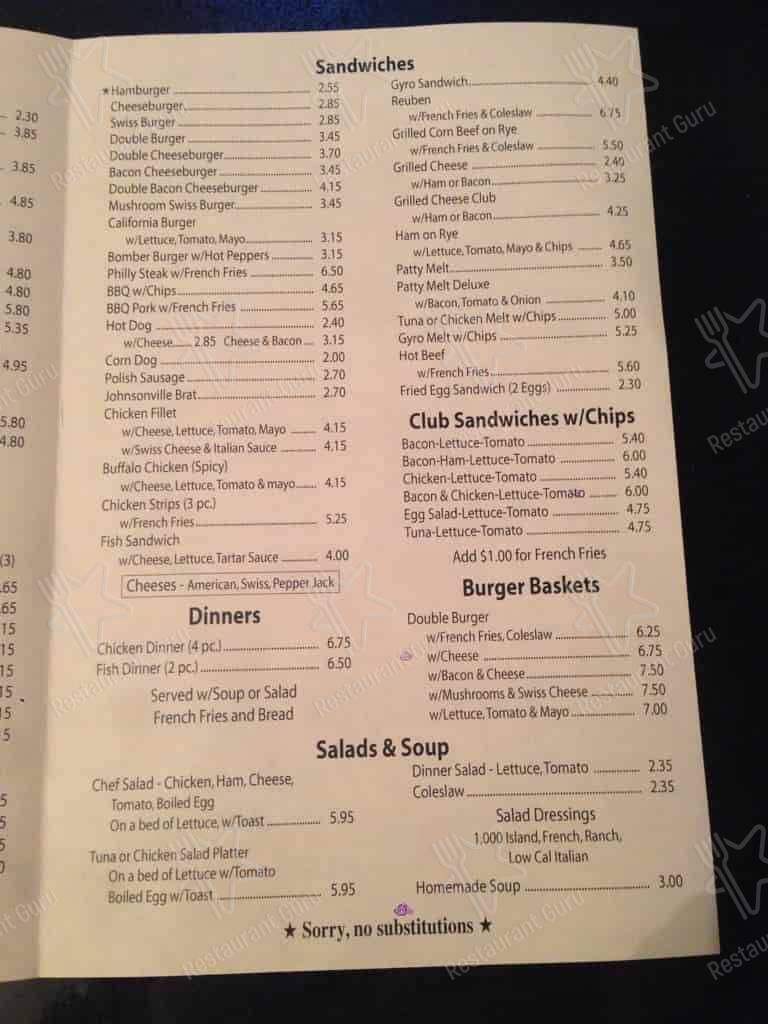 Menu at Park Inn restaurant, Racine