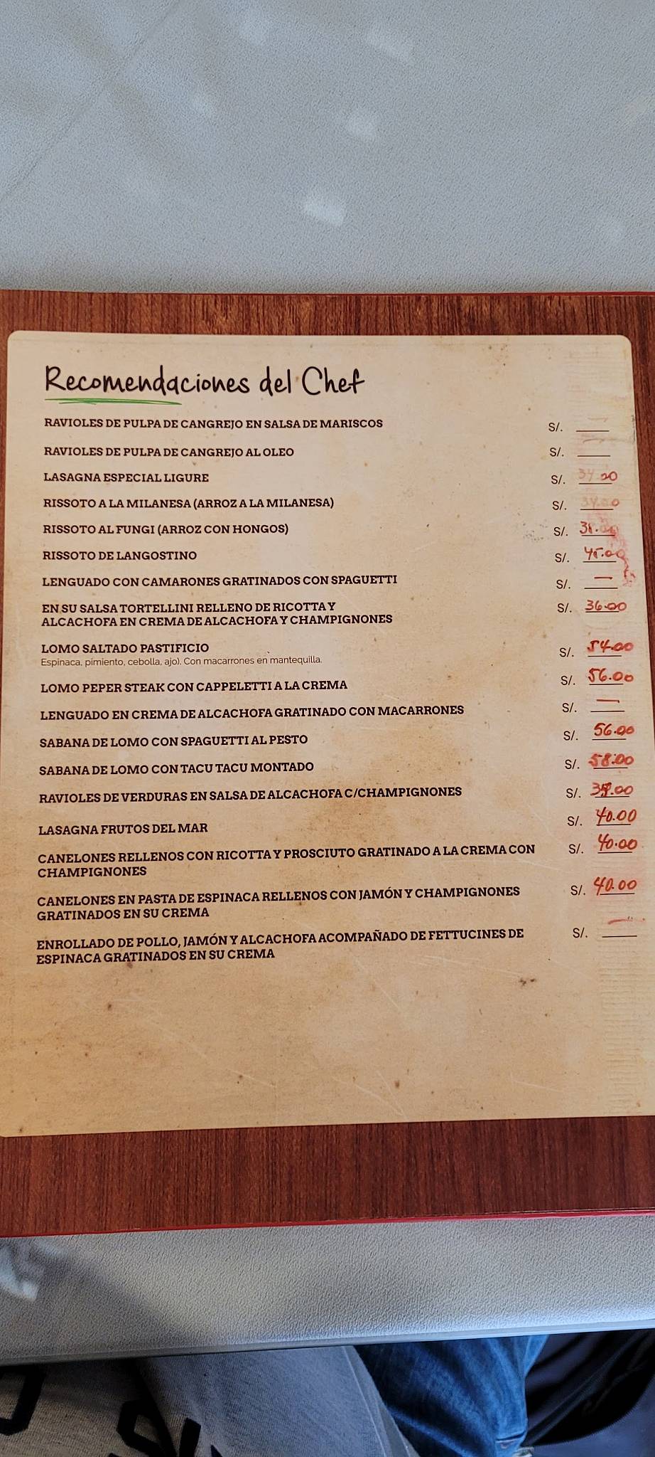 Carta del restaurante Pastificio Ligure, Lince, Jose Lean N° 1185