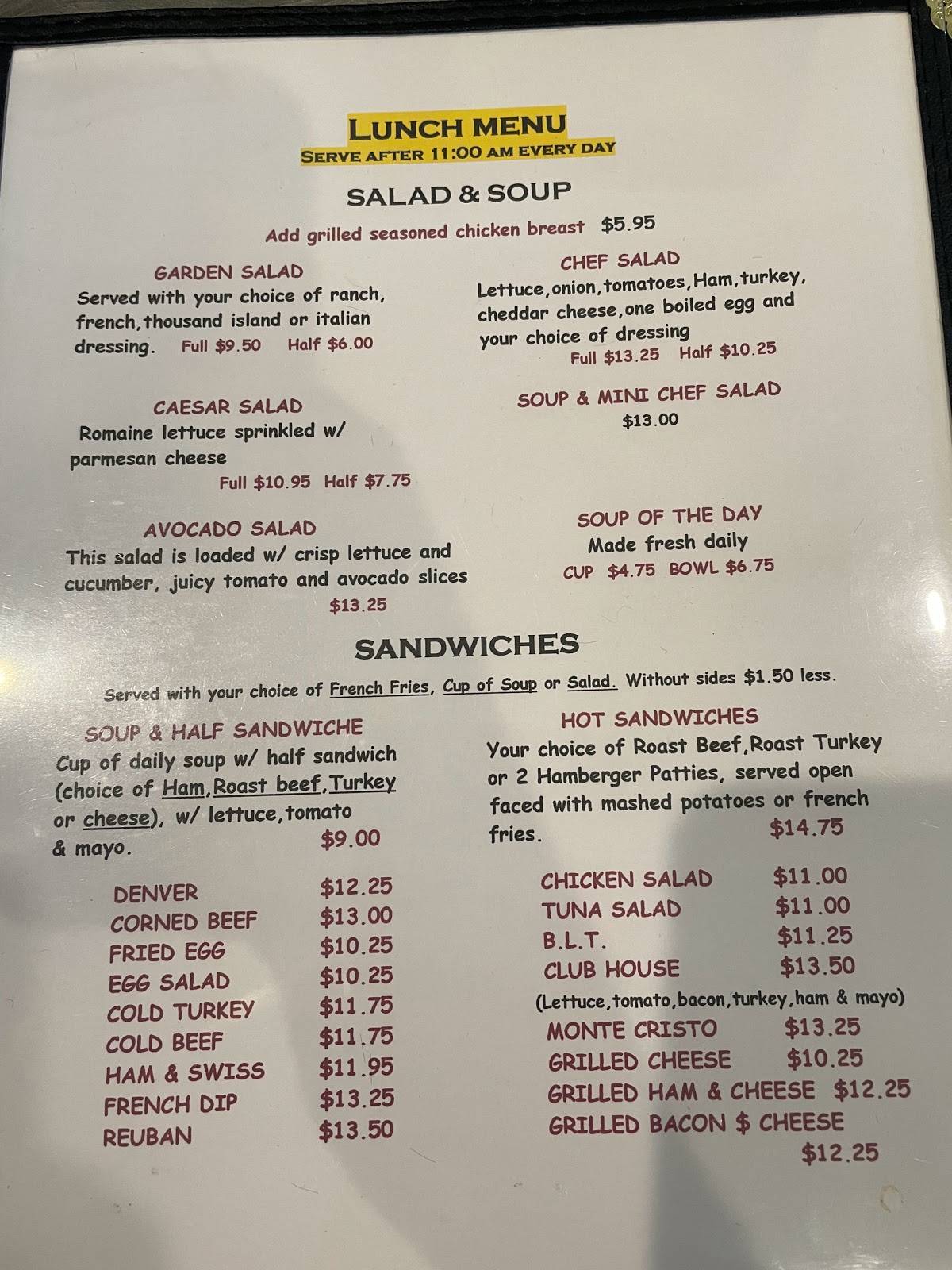 Menu at Pat & Mike's restaurant, Edmonton