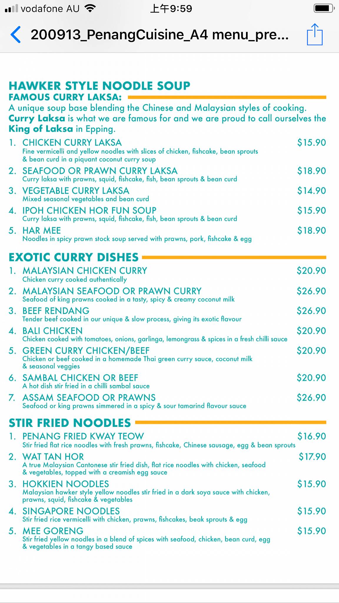 Menu at Penang Cuisine Epping restaurant, Epping