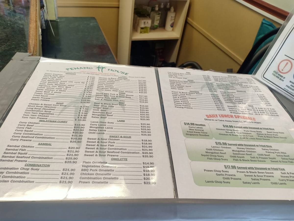 Menu at Penang House restaurant, Mandurah