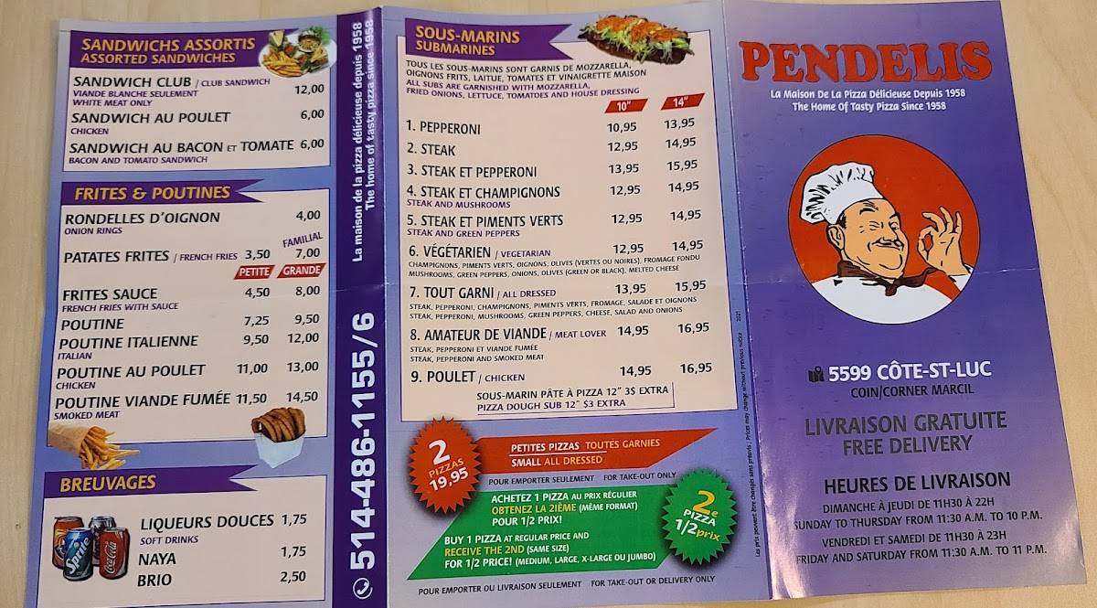 Menu at Pendeli's Pizza pizzeria, Montréal, Côte Saint Luc Rd