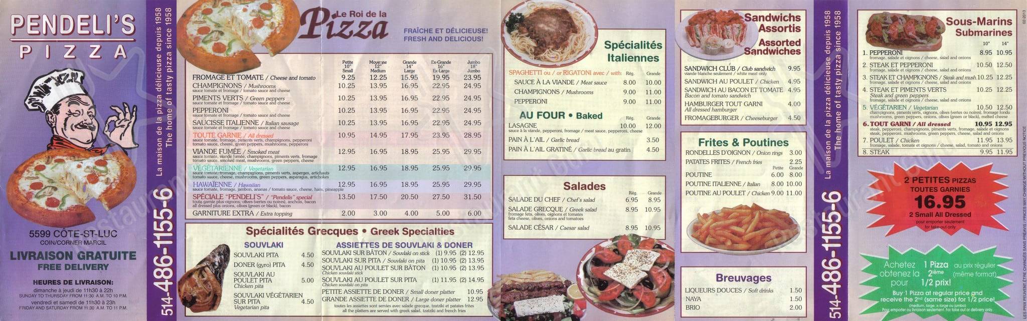 Menu at Pendeli's Pizza pizzeria, Montréal, Côte Saint Luc Rd