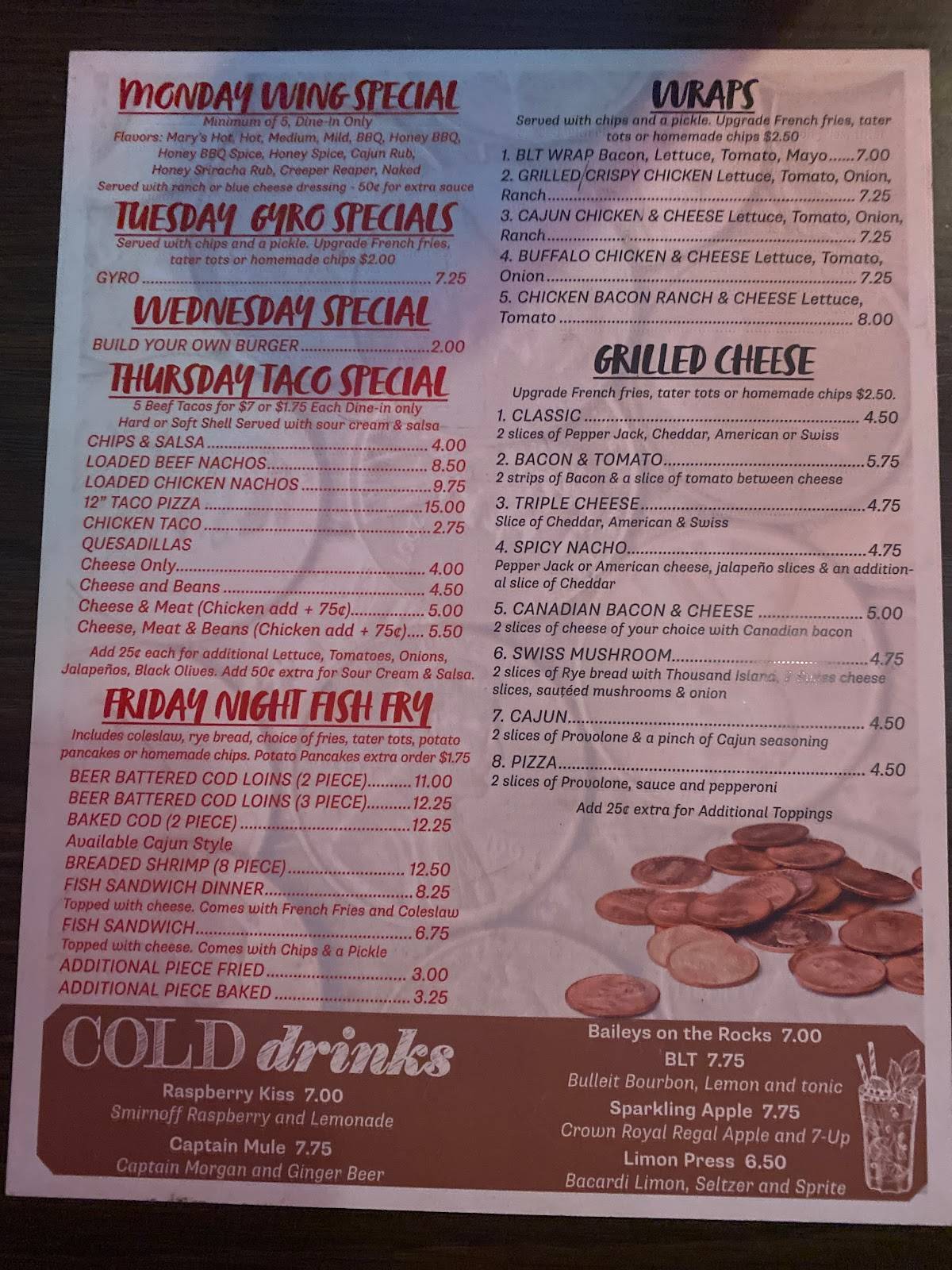 Menu at Penny Bar, Wind Lake