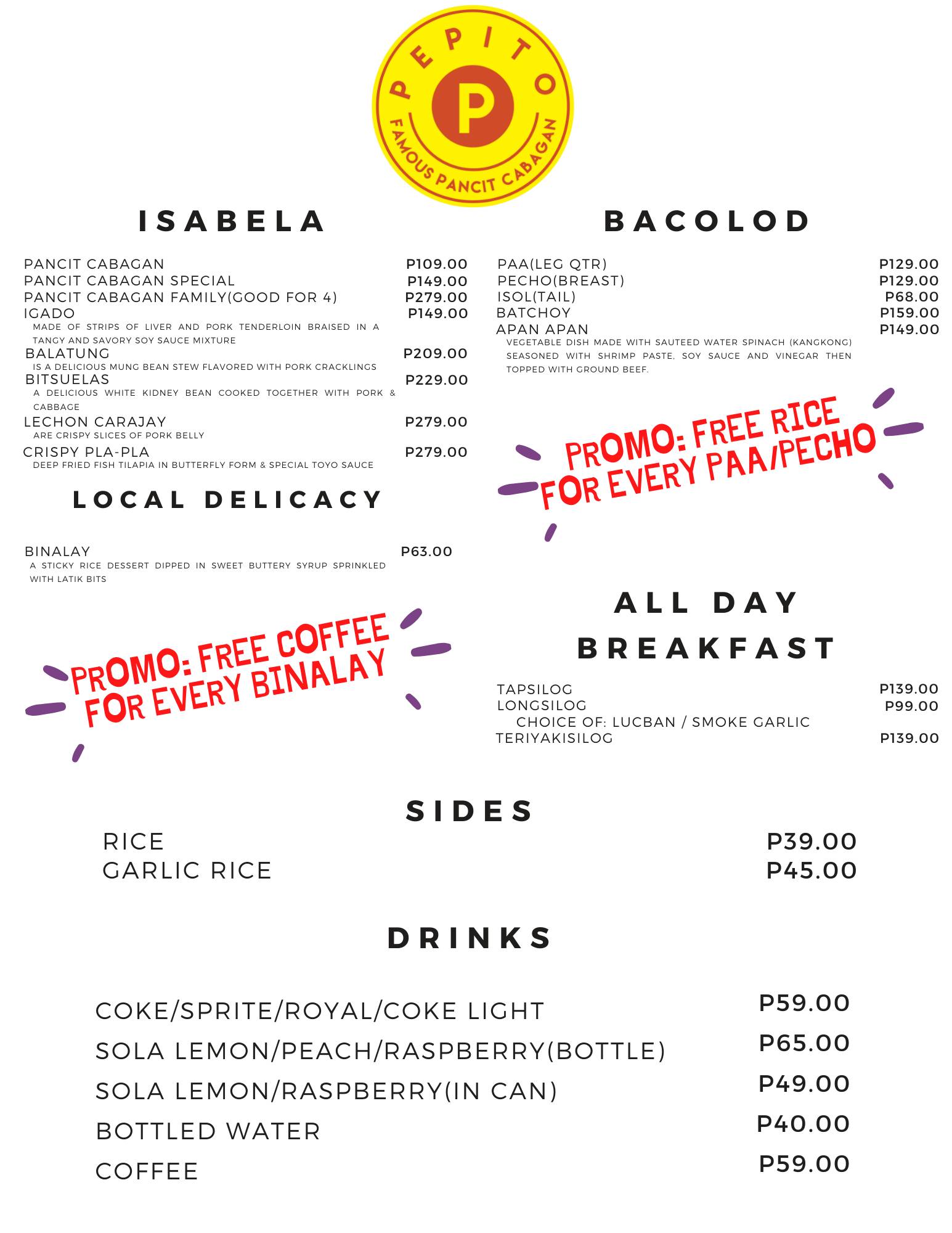 Carta del restaurante Pepito, Las Pinas