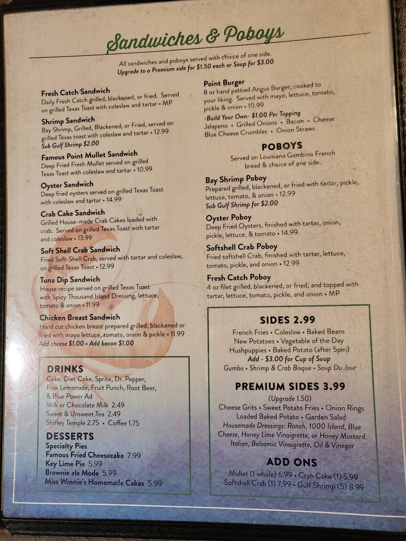 Menu at The Point Restaurant, Perdido Key