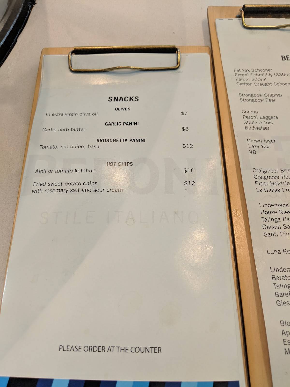 Menu at Peroni Bar, Mascot, Departure Plaza