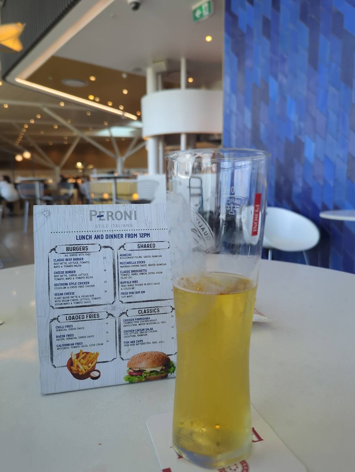 Menu at Peroni Bar, Mascot, Departure Plaza