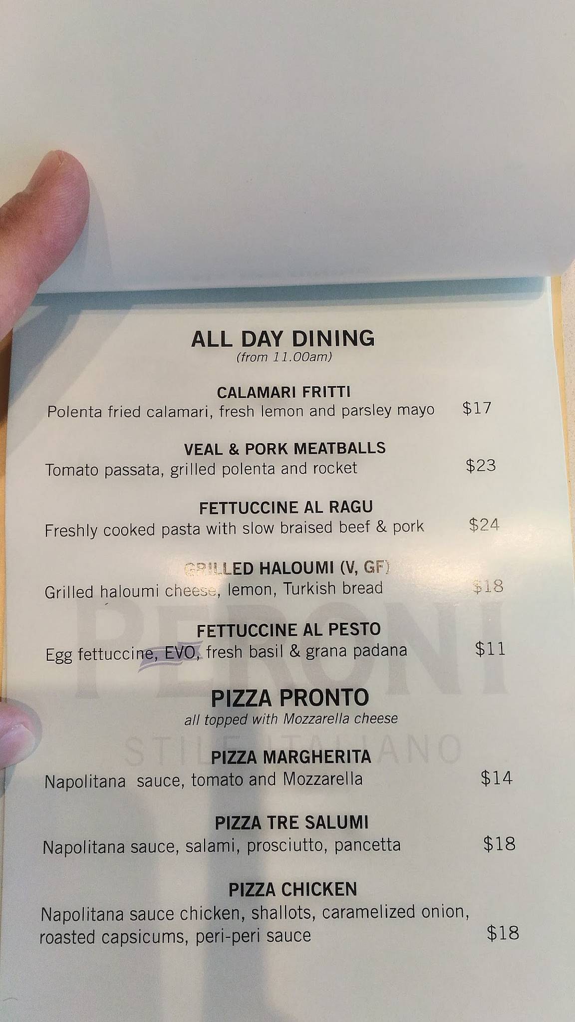 Menu at Peroni Bar, Mascot, Departure Plaza