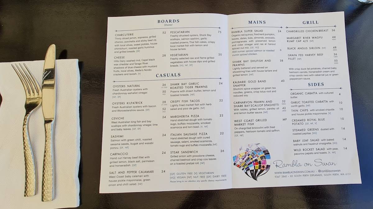 Menu at Rambla On Swan restaurant, South Perth