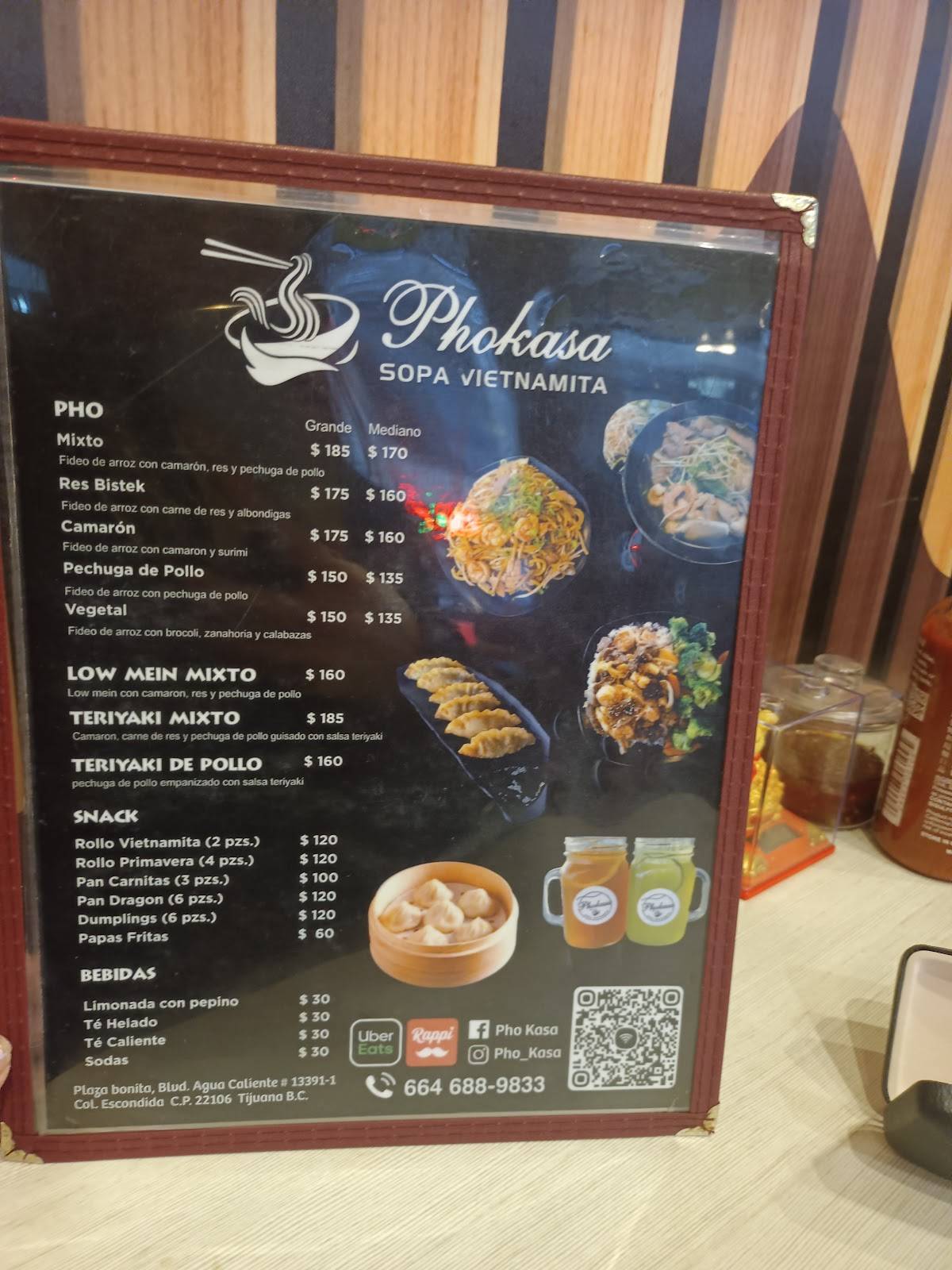 Carta del restaurante Pho Kasa, Tijuana