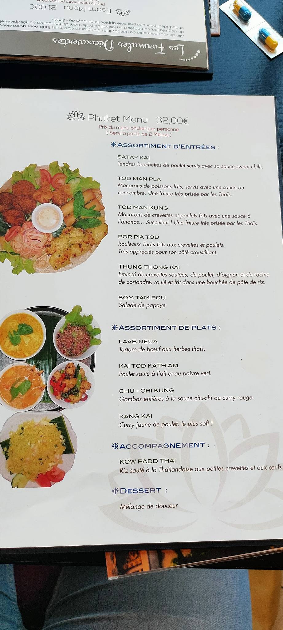 Menu at Phuket Thaï restaurant, Rambouillet