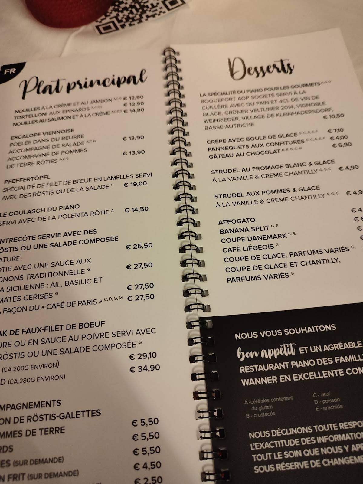 Menu at Piano Bar-Cafe-Restaurant, Innsbruck