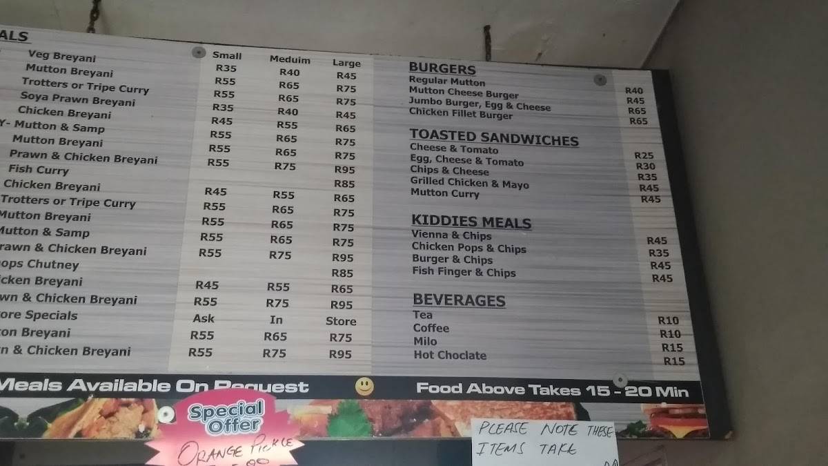 Menu at The Curry O's restaurant, Pinetown