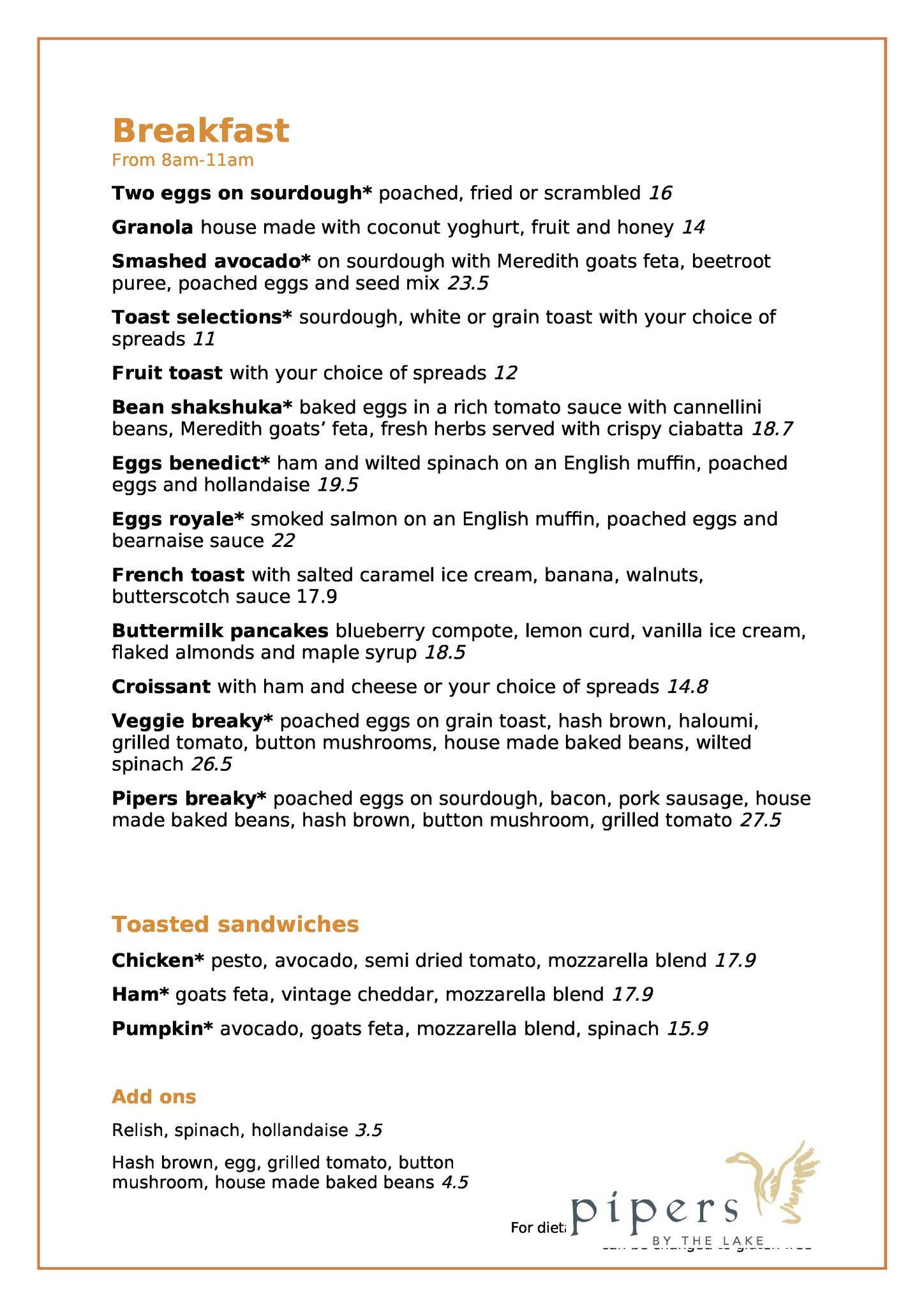 Menu at Pipers by the Lake restaurant, Ballarat Central