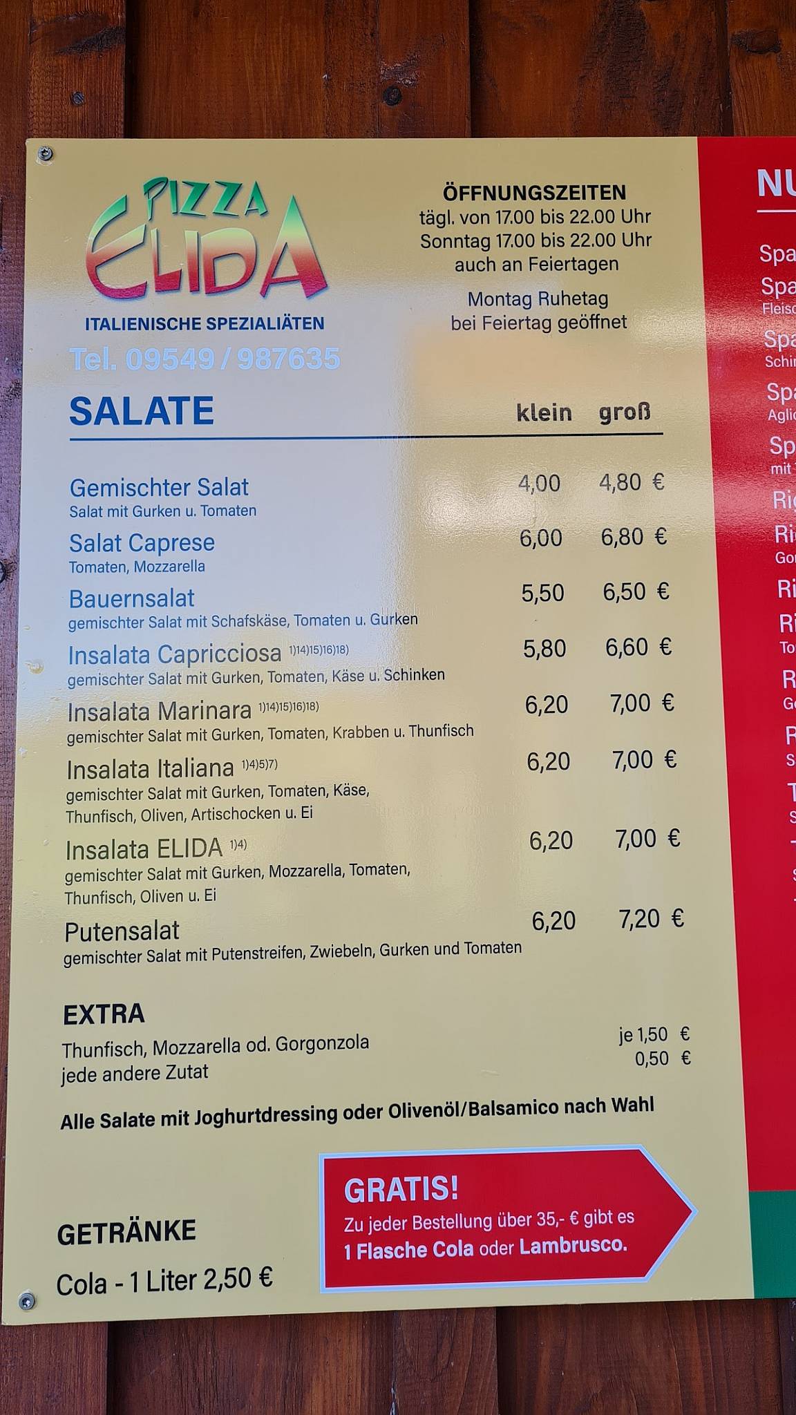 Speisekarte von Pizza Elida, Lisberg