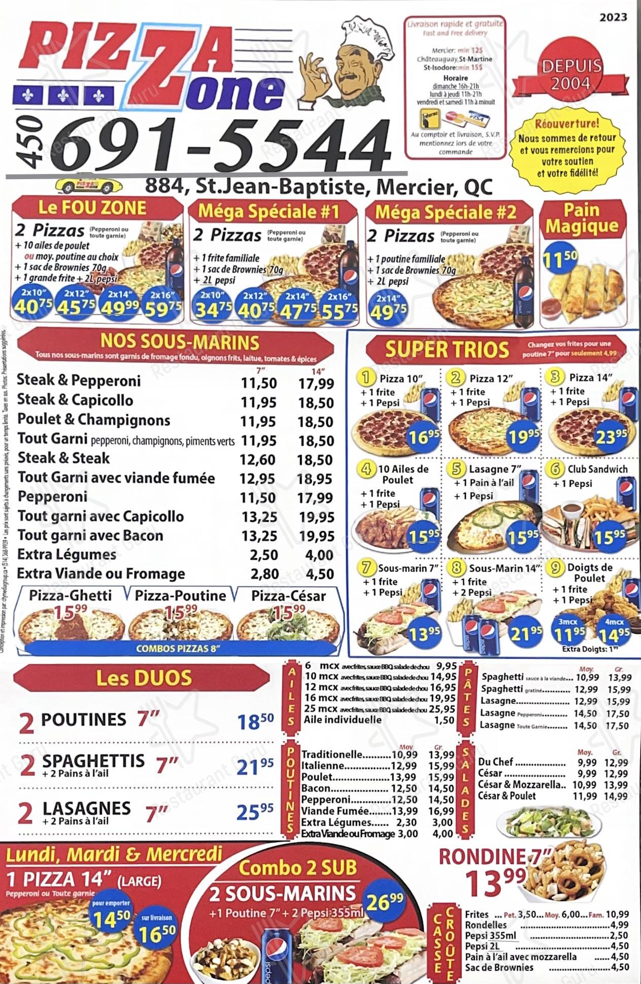 Menu au Pizza Zone pizzeria, Mercier