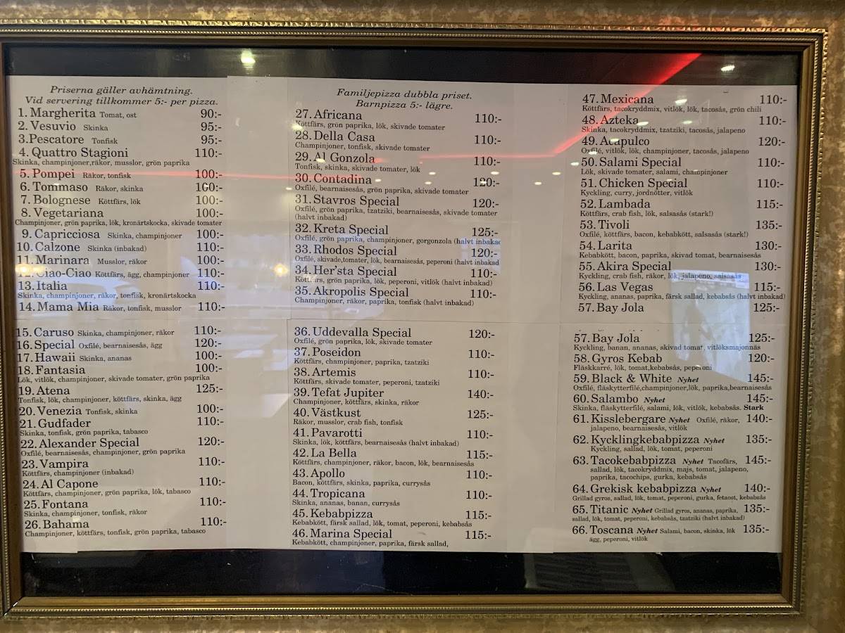 Menu at Pizzeria Alexander, Uddevalla, Lingatan 8