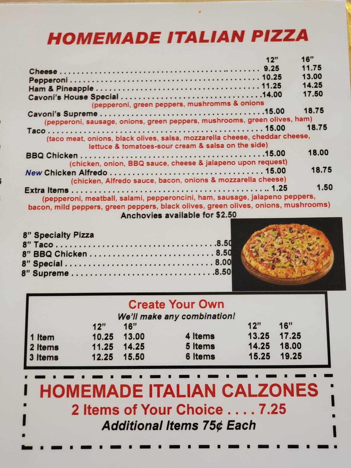 Menu at Cavoni's Pizza pizzeria, Three Rivers