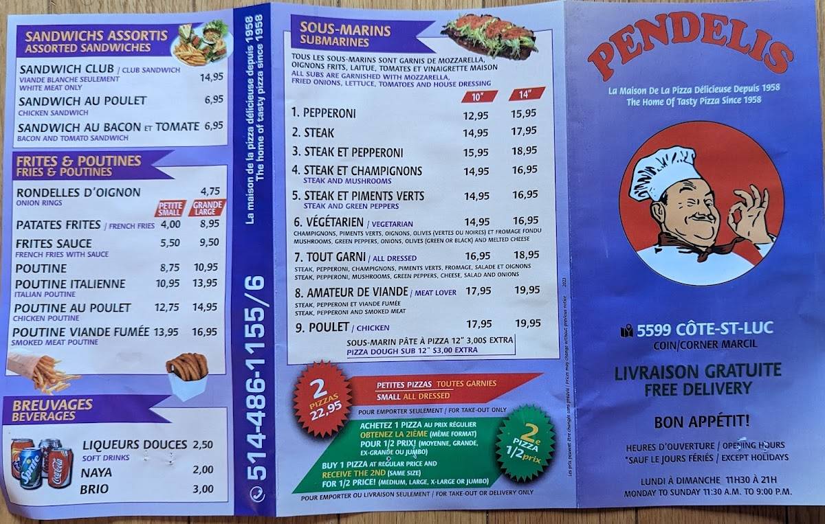 Menu at Pendeli's Pizza pizzeria, Montréal, Côte Saint Luc Rd