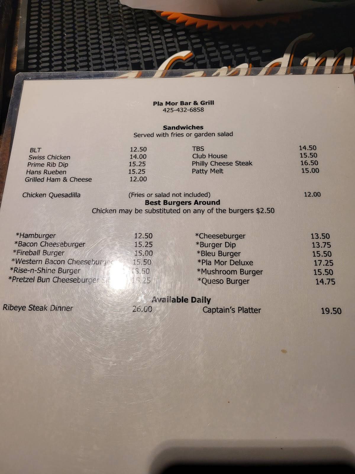 Menu at Pla-Mor Bar & Grill, Maple Valley