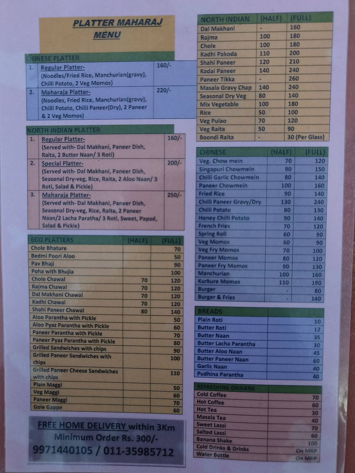 Menu at Platter Maharaj, New Delhi