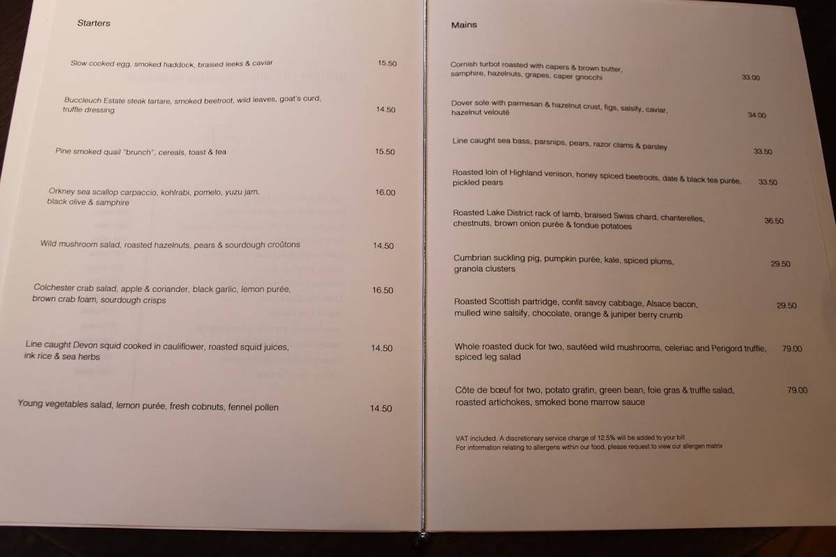 Carta del restaurante Pollen Street Social, Londres