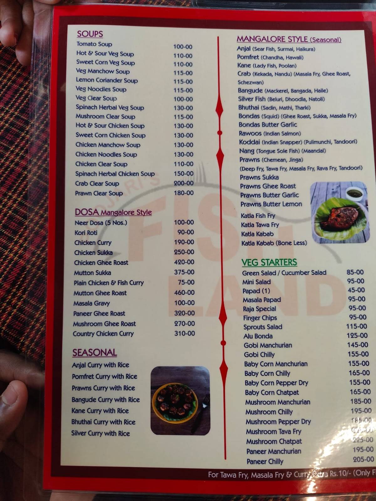 Menu at Poojari Fish Land, Mysuru