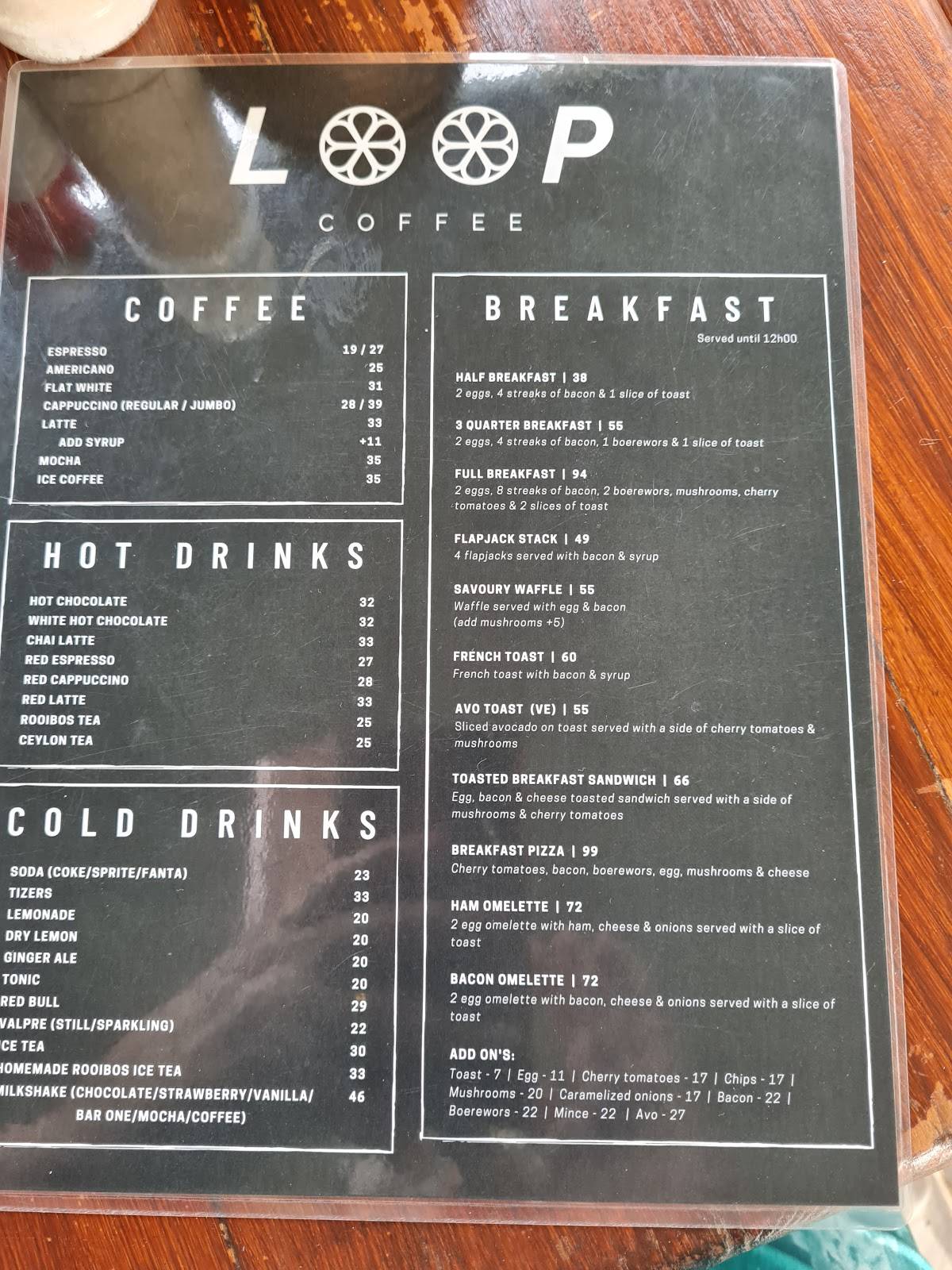 Menu at Loop Coffee cafe, Port Elizabeth