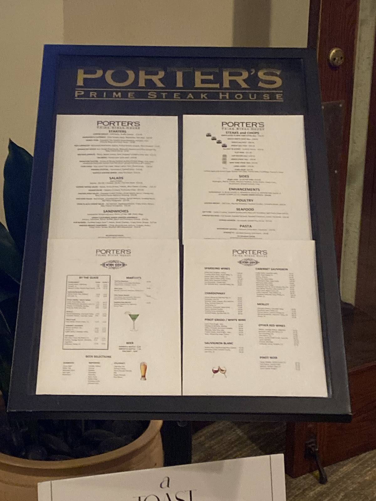 Menu at Porter's Prime Steakhouse, Ontario