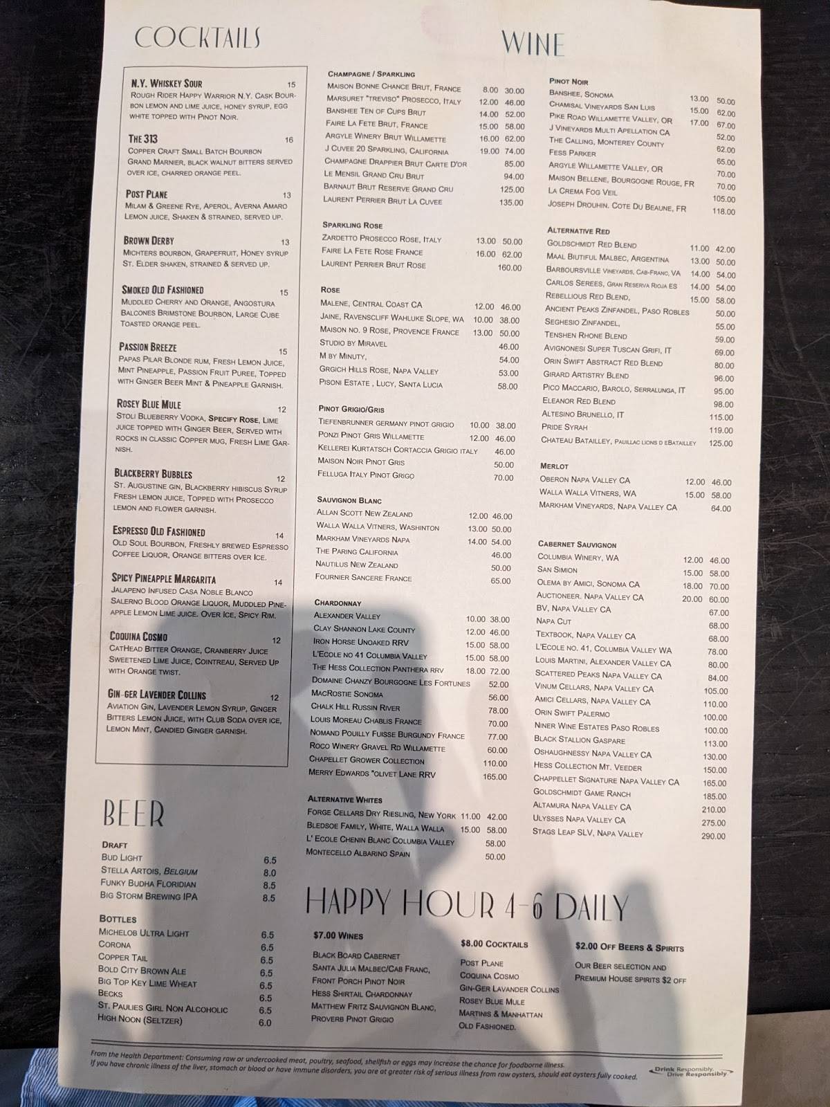 Menu at Post Kitchen and Bar, Sarasota