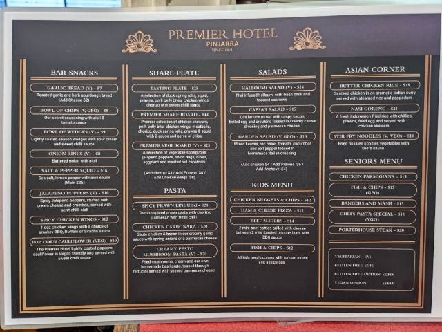 Menu at Premier Hotel Pinjarra restaurant, Pinjarra