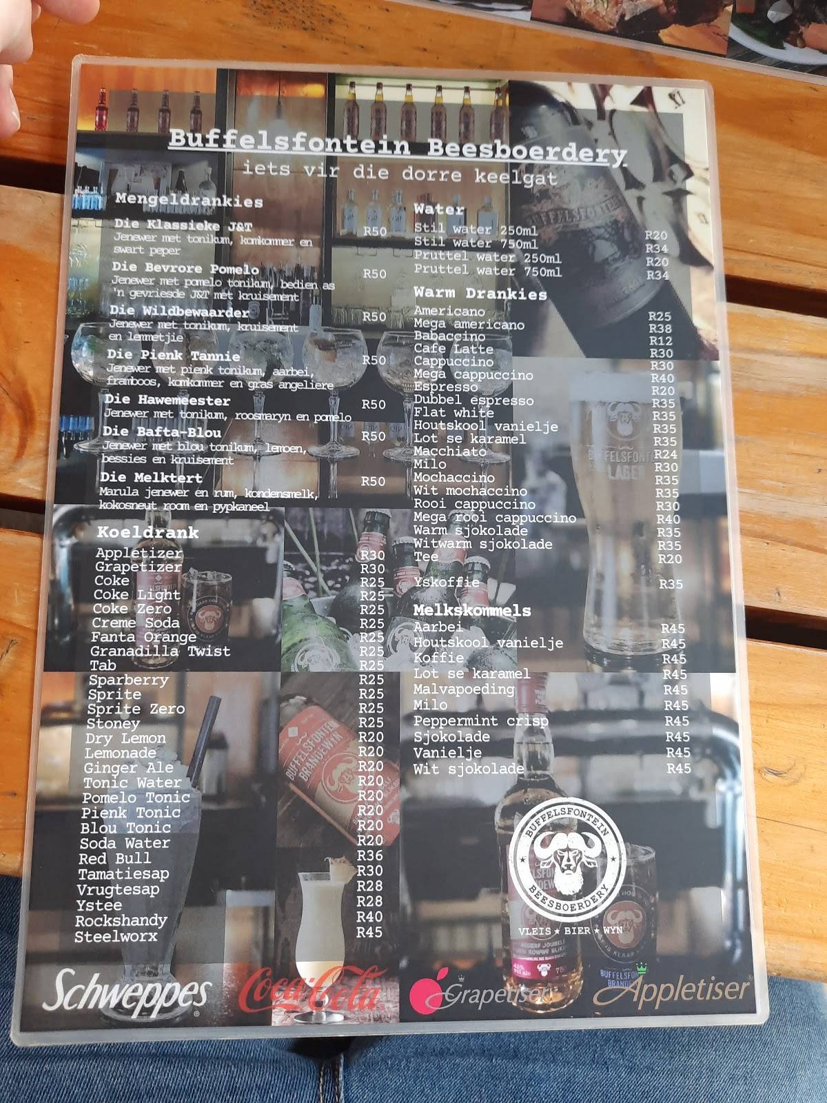 Menu at Buffelsfontein Beesboerdery restaurant, Pretoria