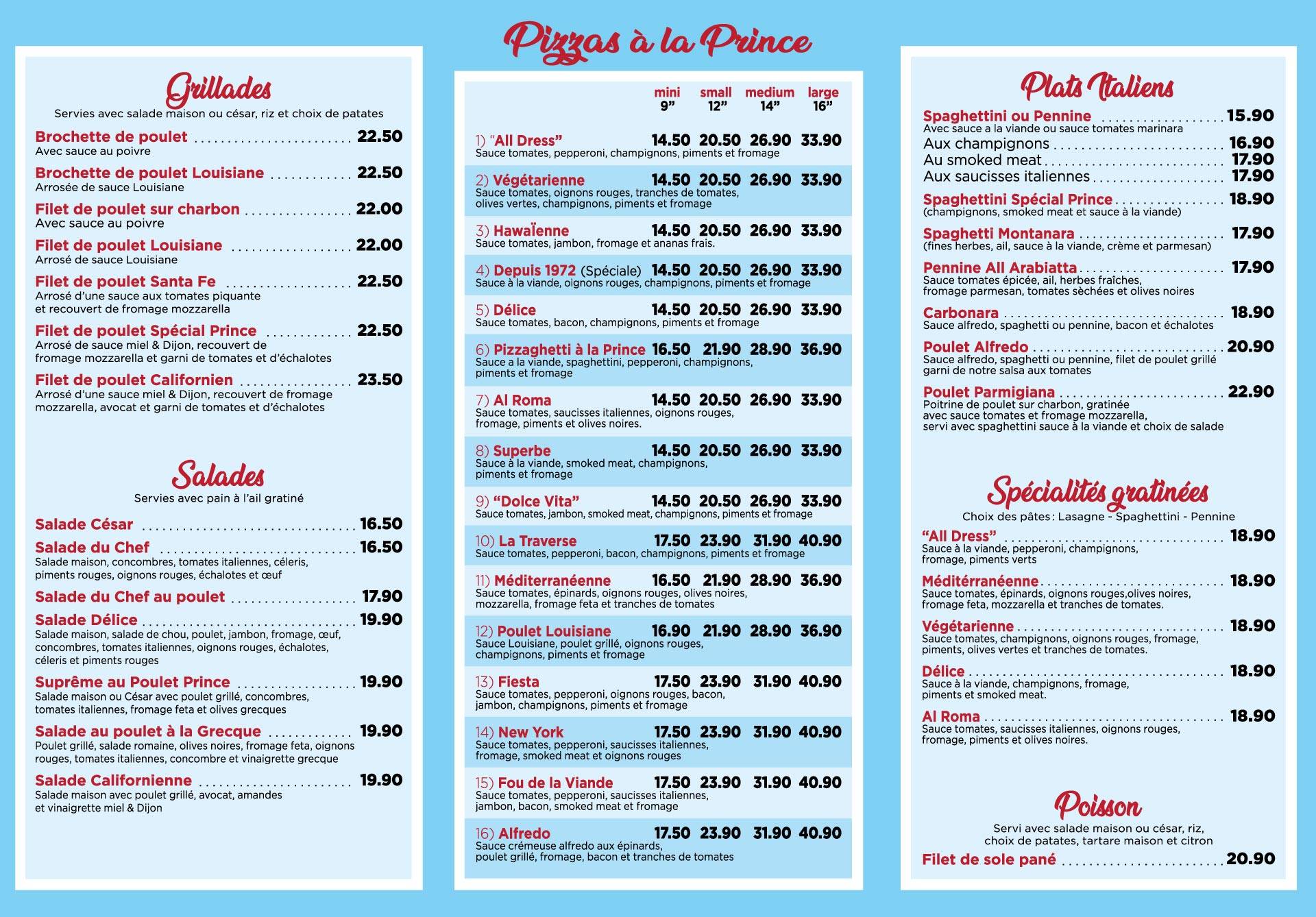 Menu au Prince Pizzeria, Sorel-Tracy