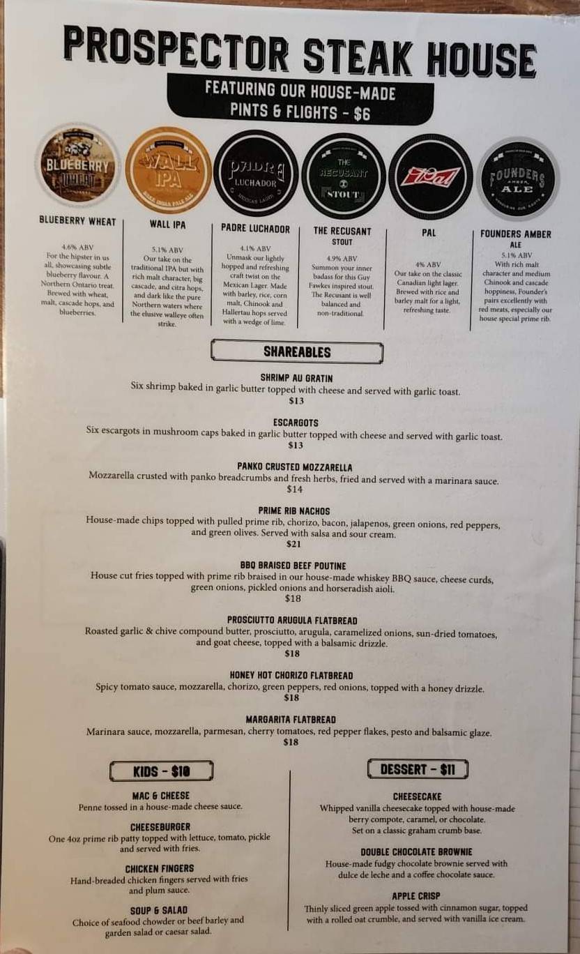 Menu at Prospector Steak House steakhouse, Thunder Bay