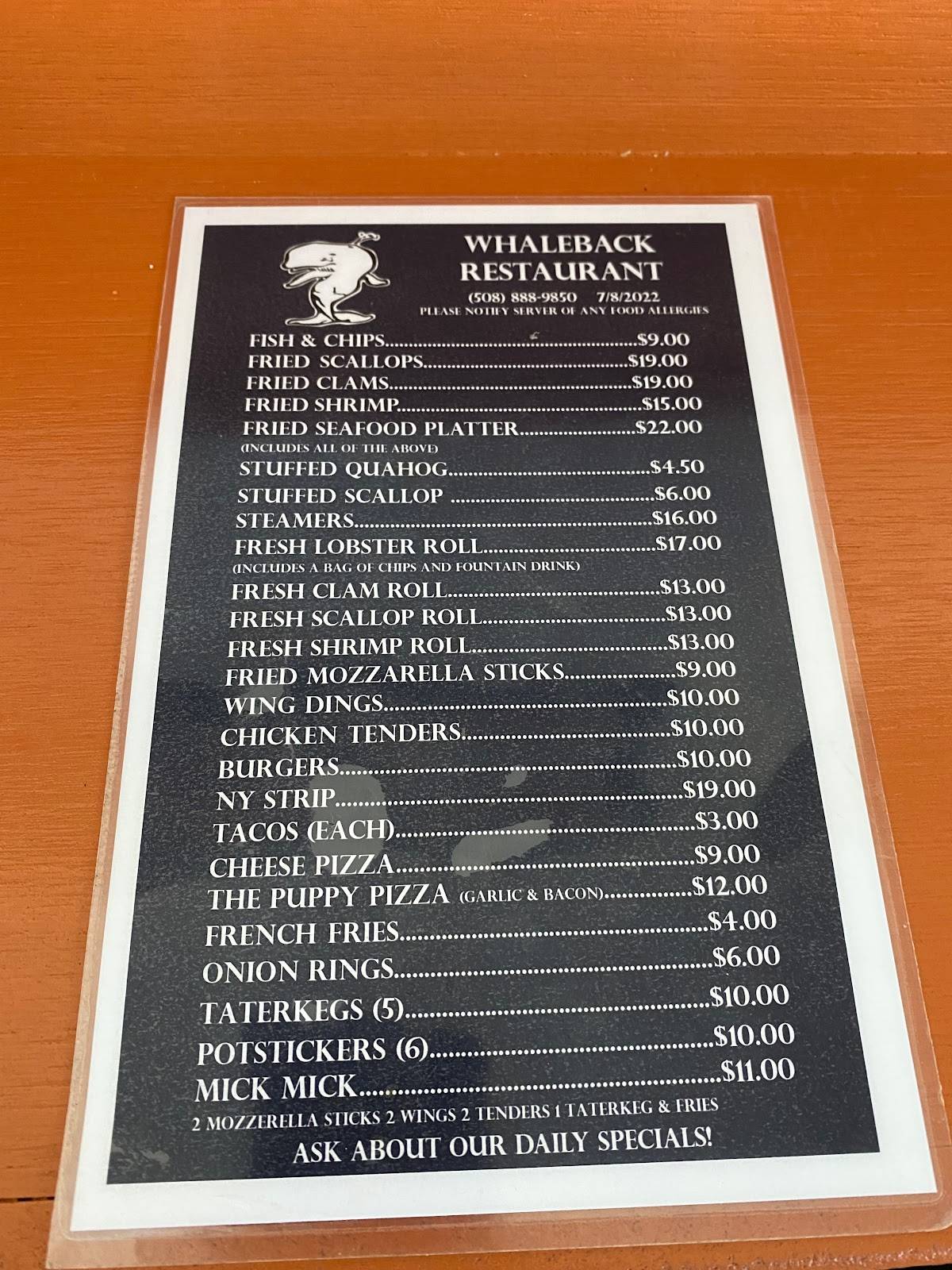 Menu at Bob O'Malley's Whaleback Restaurant, Bourne