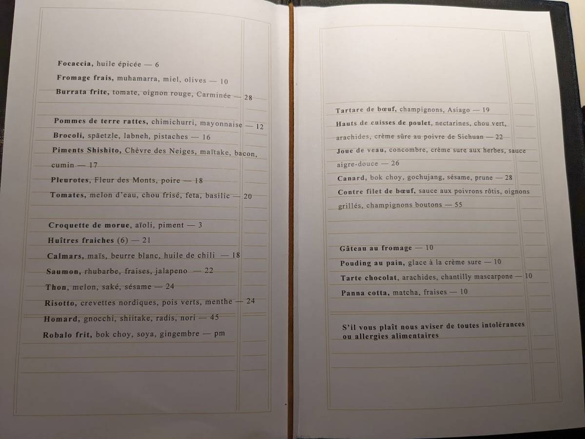 Menu au Cadet pub et bar, Montréal