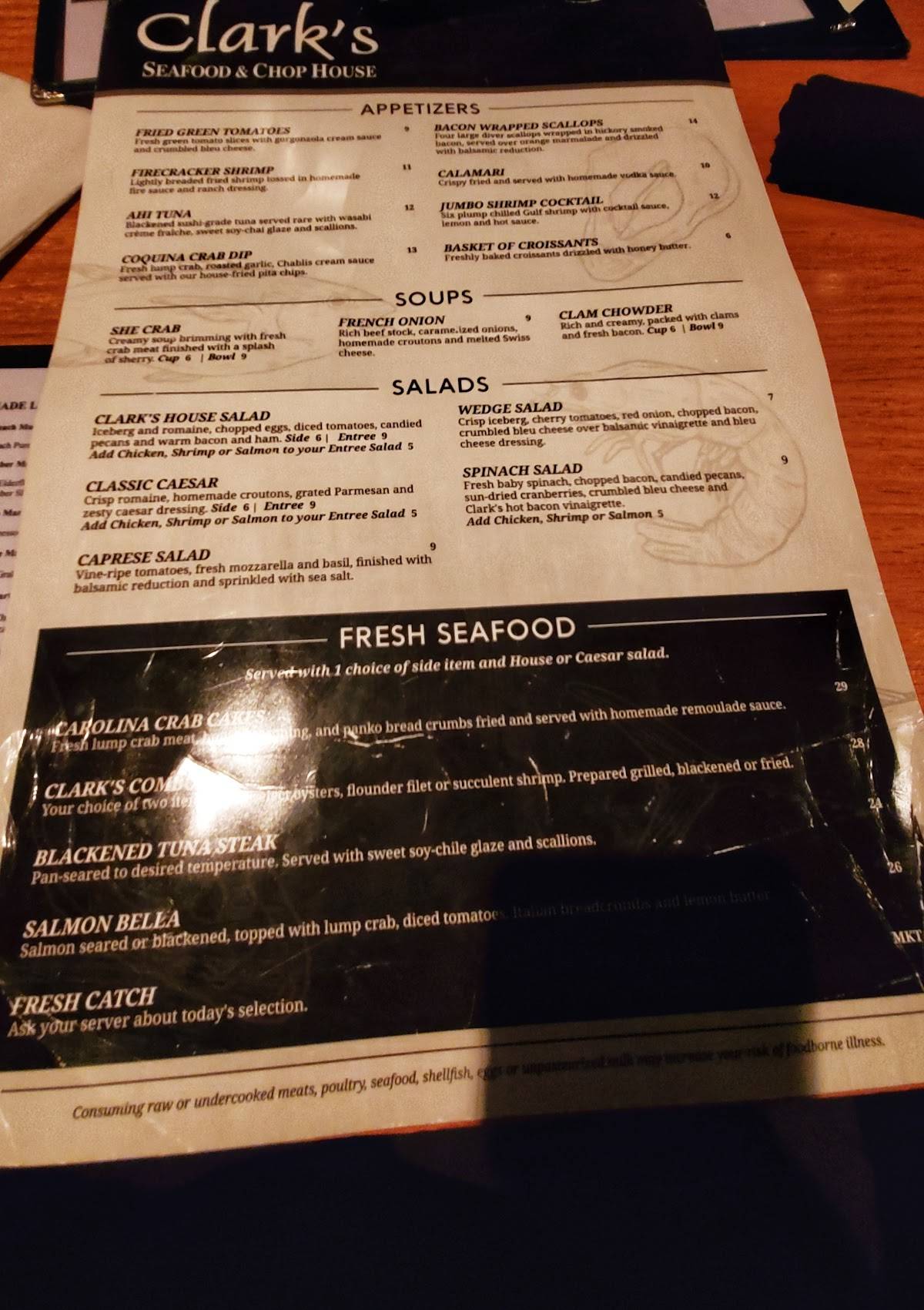 Menu at Clark's Seafood and Chop House pub & bar, Little River, 720 Hwy 17