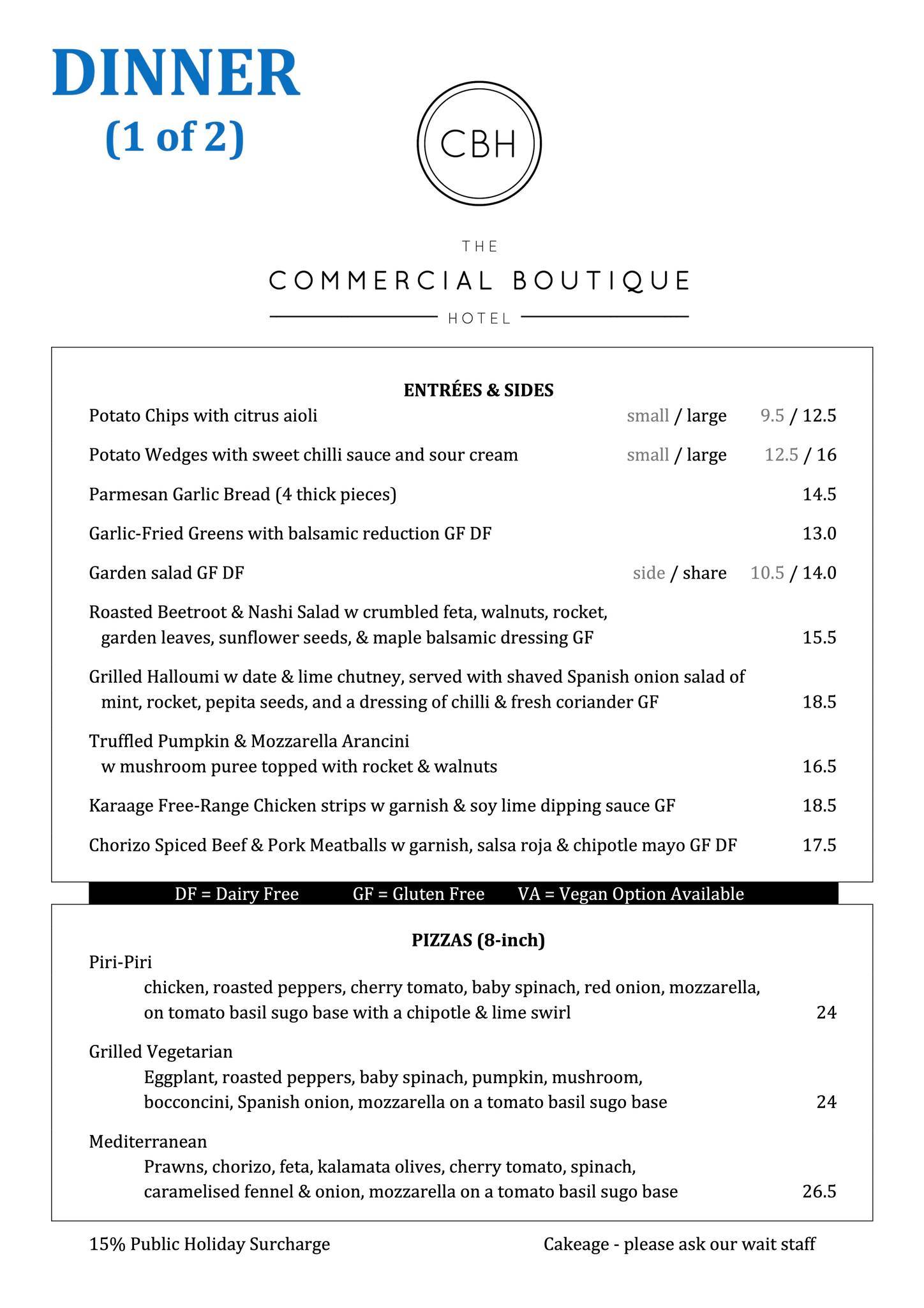 Menu at Commercial Boutique Hotel pub & bar, Tenterfield