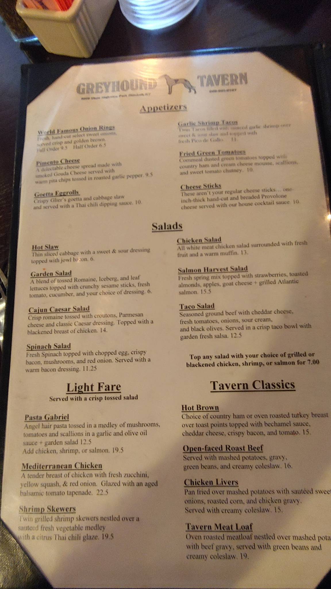 Menu at Greyhound Tavern pub & bar, Fort Mitchell
