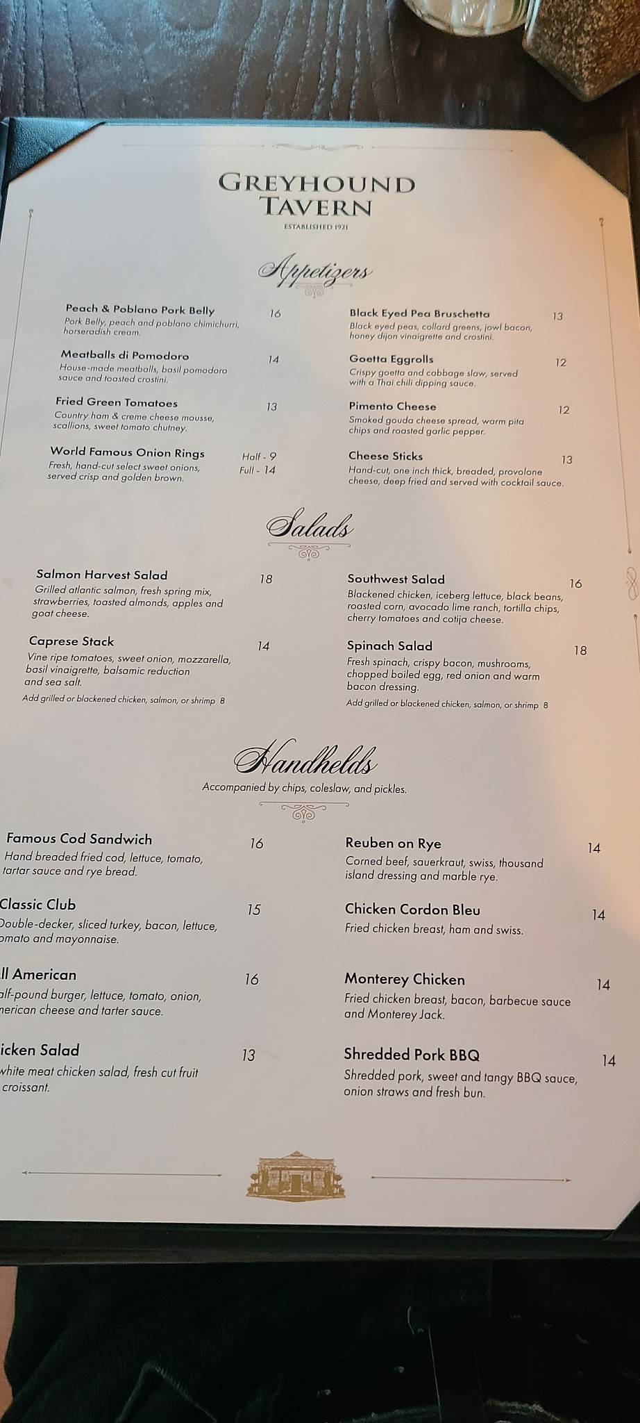 Menu at Greyhound Tavern pub & bar, Fort Mitchell