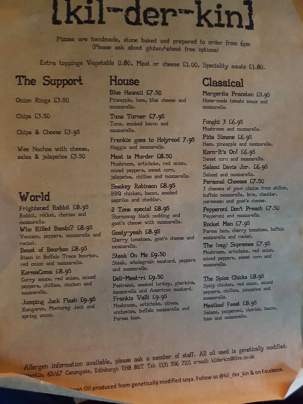 Menu at Kilderkin pub & bar, Edinburgh