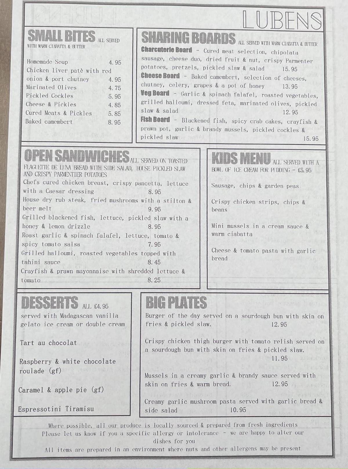Menu at Lubens pub & bar, Buxton