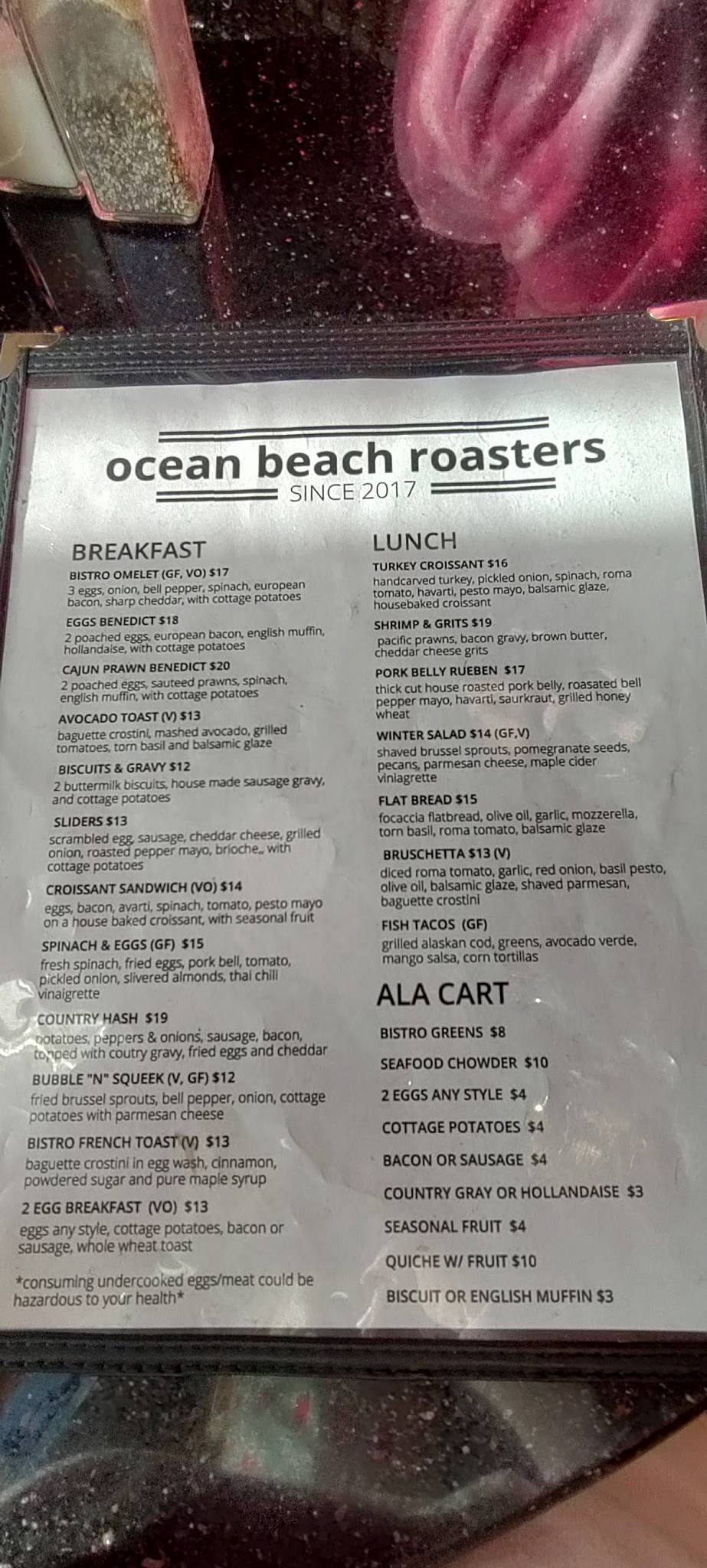 Menu at Ocean Beach Roasters pub & bar, Ocean Shores