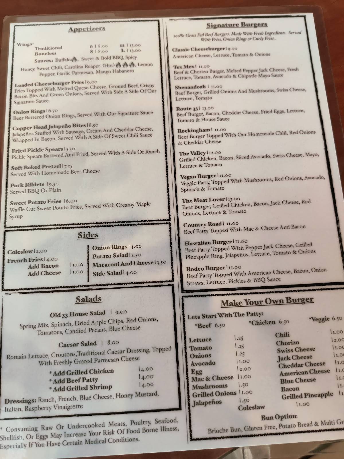 Menu at Old 33 Beer & Burger Grill, Inc. pub & bar, Elkton